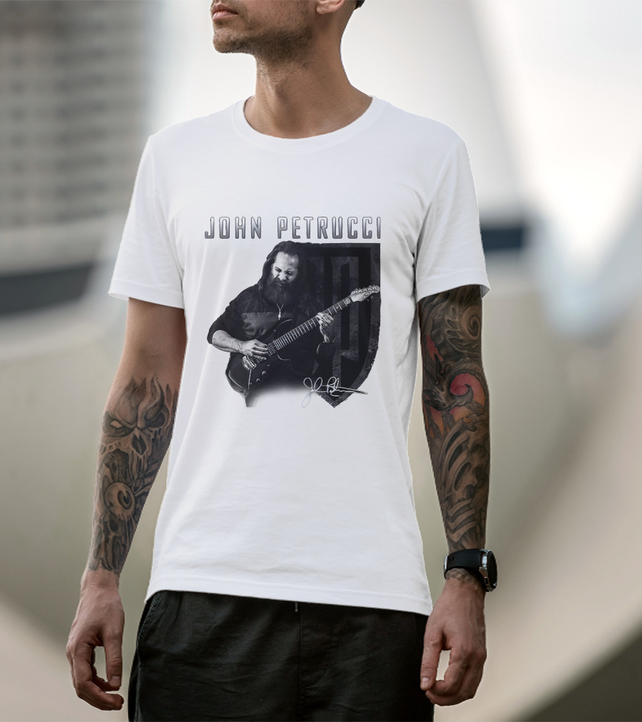 John Petrucci Guitarist Black And White Portrait With Signature T-Shirt