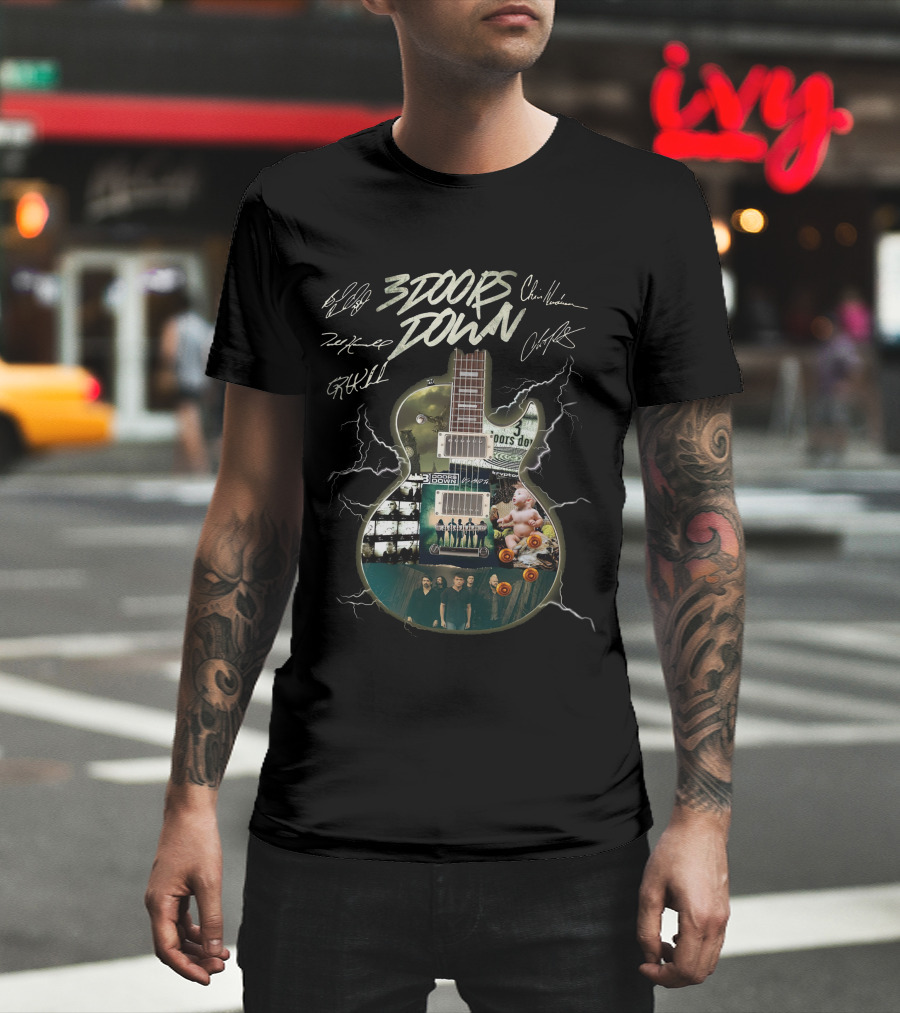 3 Doors Down Guitar Lightning Collage With Band Signatures T-Shirt