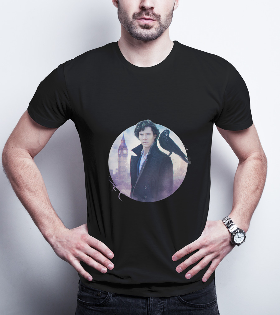 S.H Art Detective Silhouette With Crow And Clock Tower T-Shirt