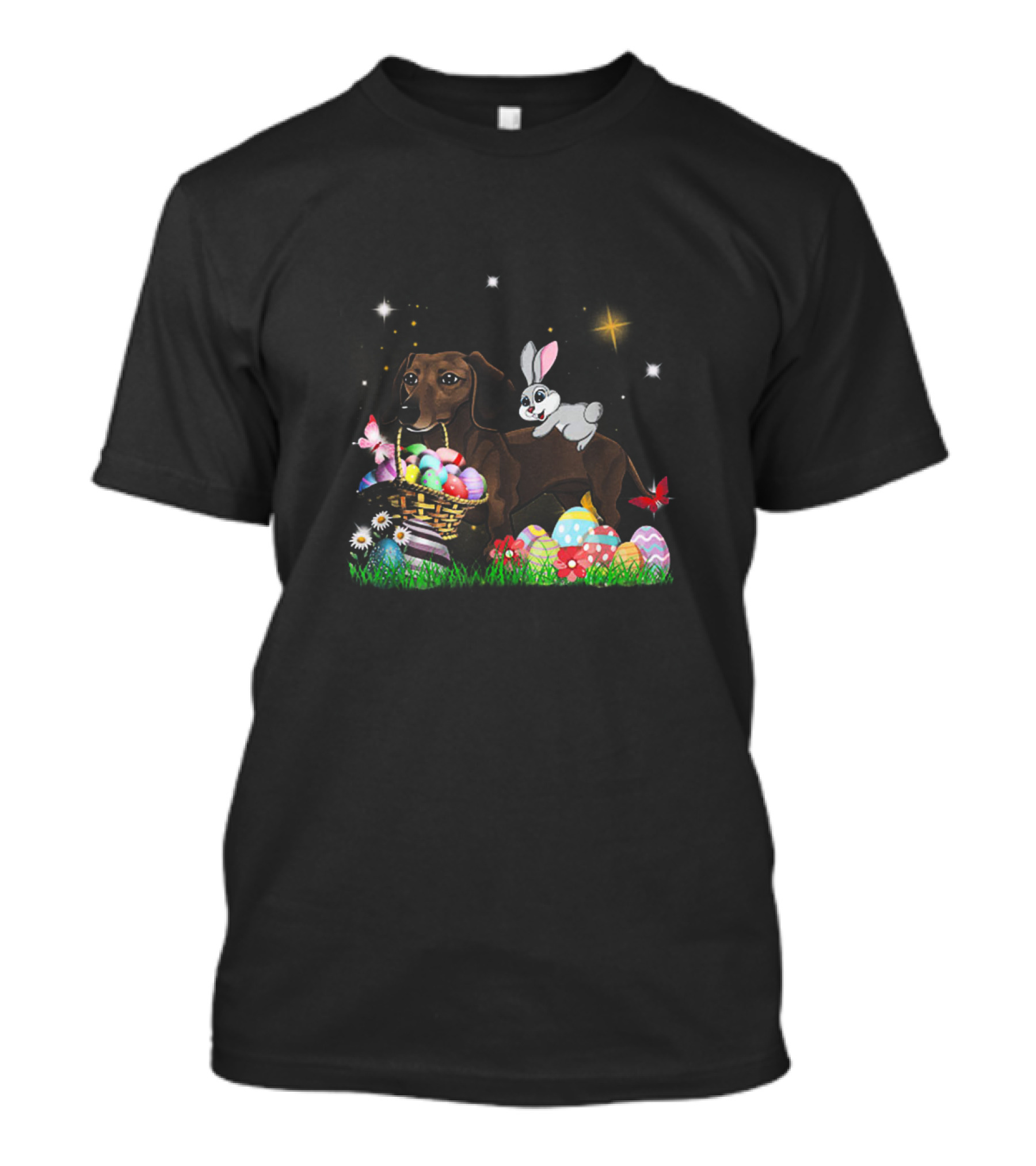 Dachshund With Easter Basket Rabbit And Colorful Eggs Under Stars T-Shirt