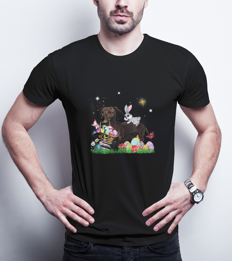Dachshund With Easter Basket Rabbit And Colorful Eggs Under Stars T-Shirt
