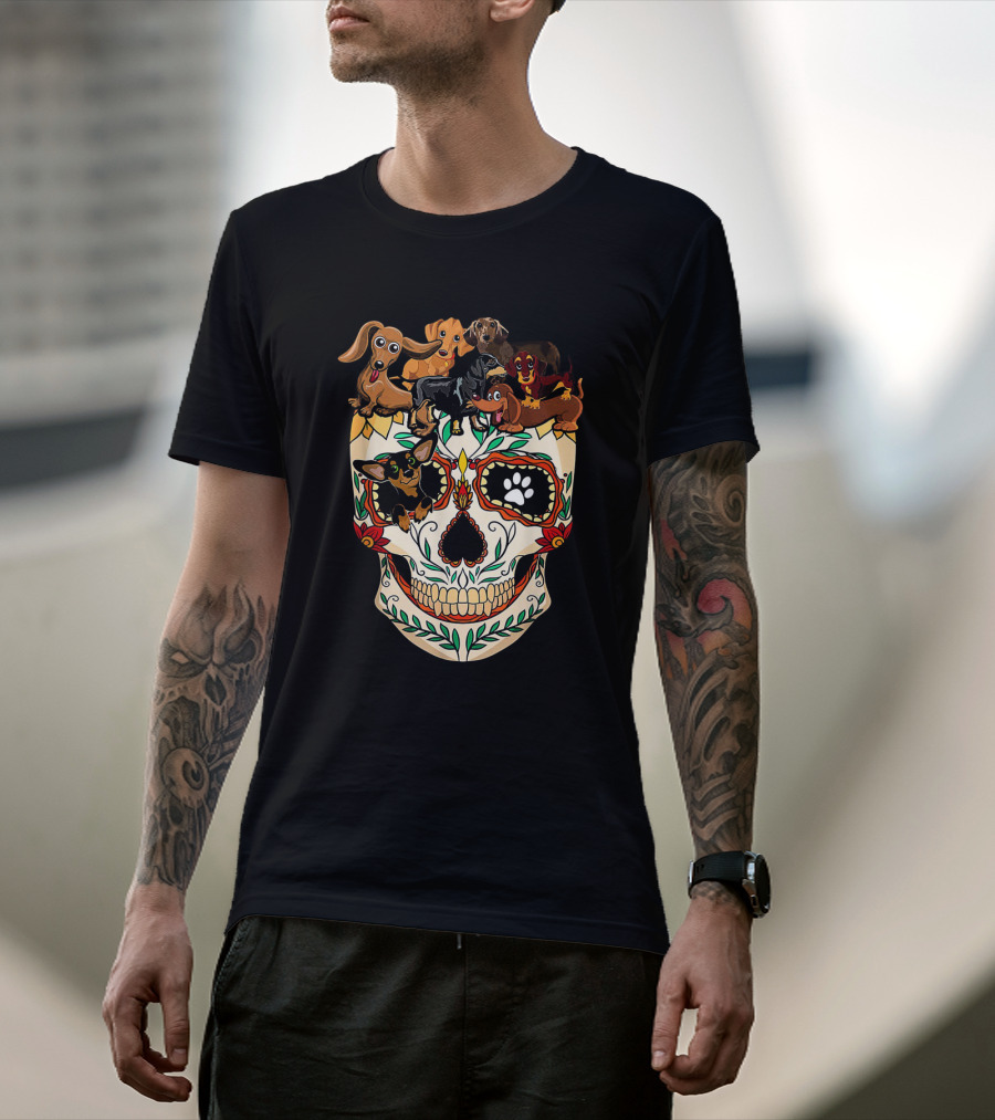 Dachshunds Sugar Skull Dog Mom Dad Funny Colorful Day Of The Dead T-Shirt