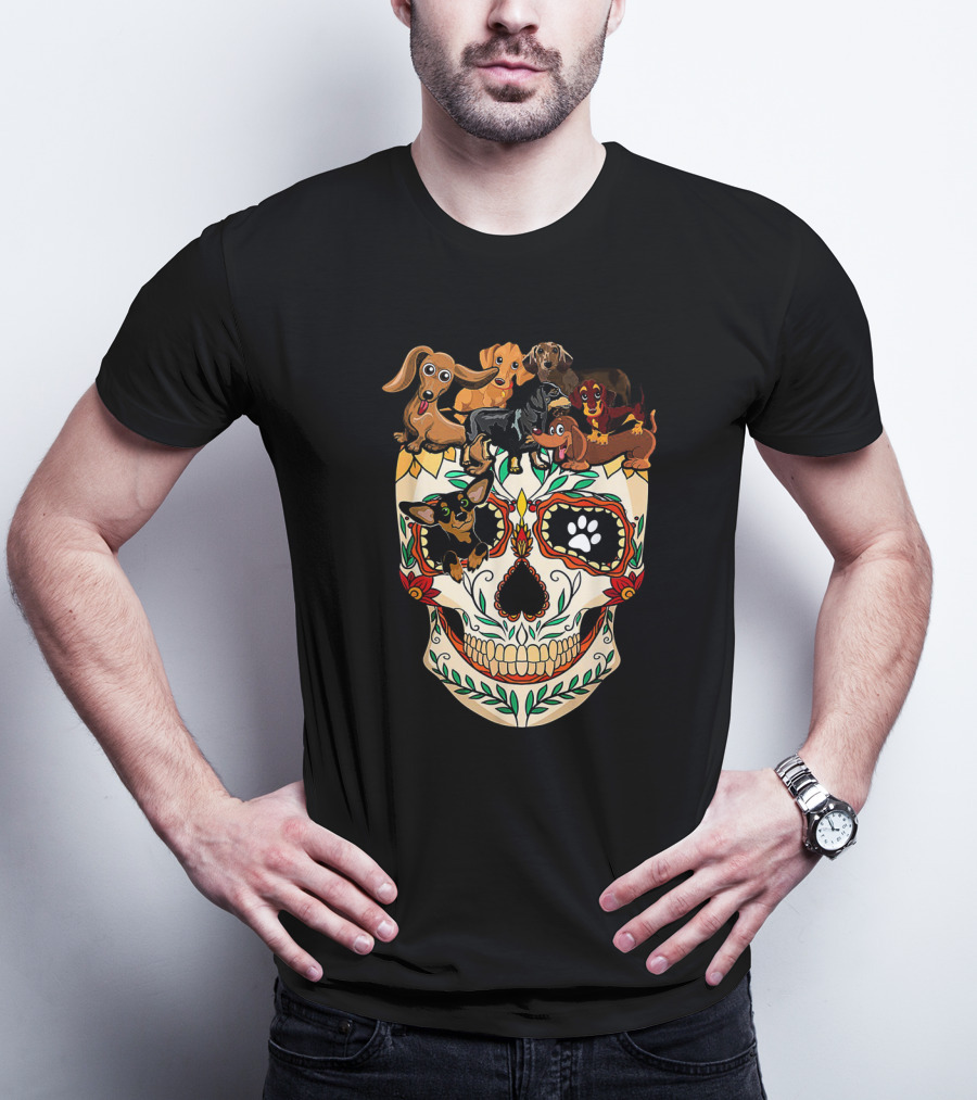 Dachshunds Sugar Skull Dog Mom Dad Funny Colorful Day Of The Dead T-Shirt