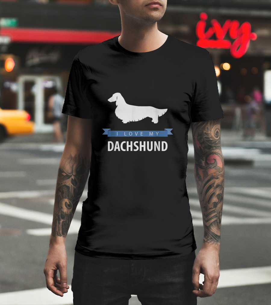 I Love My Longhaired Dachshund Silhouette With Blue Banner T-Shirt