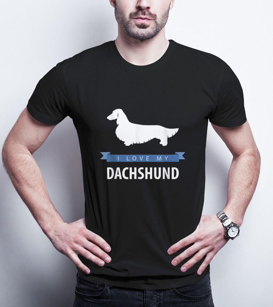 I Love My Longhaired Dachshund Silhouette With Blue Banner T-Shirt