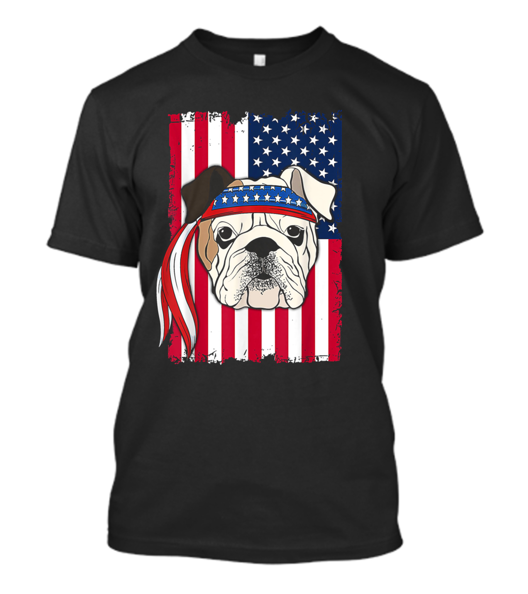 Patriotic Bulldog Wearing Bandana With American Flag Background T-Shirt