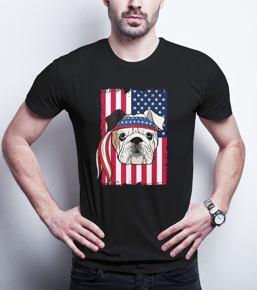 Patriotic Bulldog Wearing Bandana With American Flag Background T-Shirt