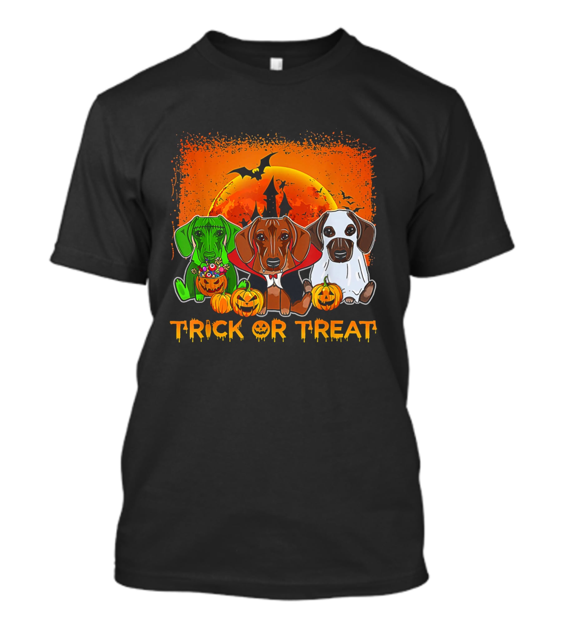 Trick Or Treat Halloween Dachshund Trio With Pumpkins And Spooky Orange Moon T-Shirt