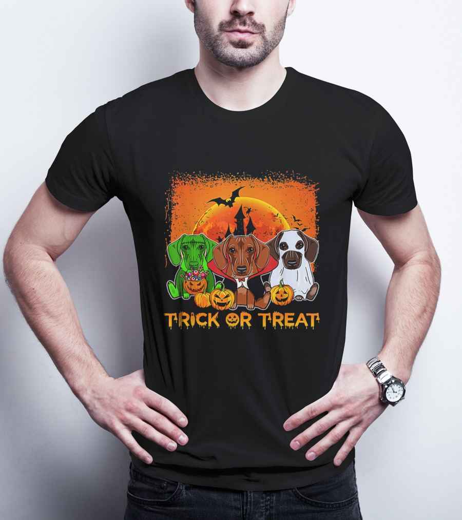Trick Or Treat Halloween Dachshund Trio With Pumpkins And Spooky Orange Moon T-Shirt