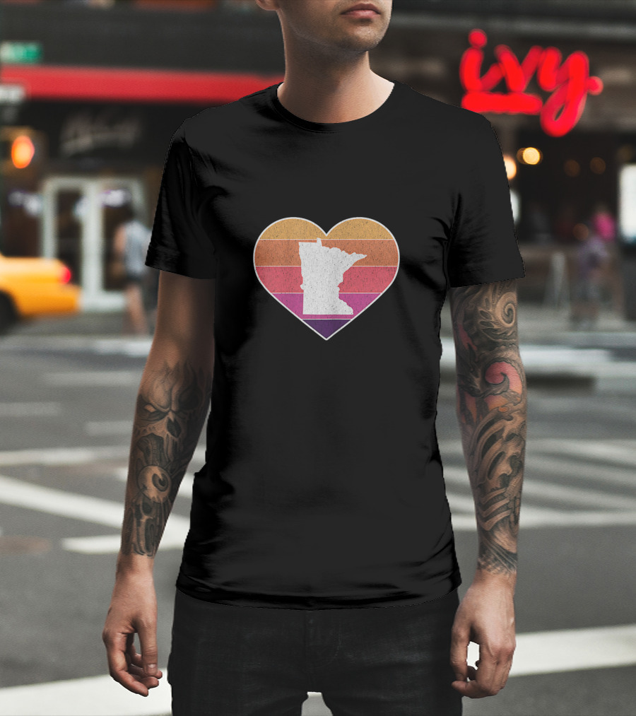 Minnesota Love Heart With State Silhouette On Vintage Stripes T-Shirt