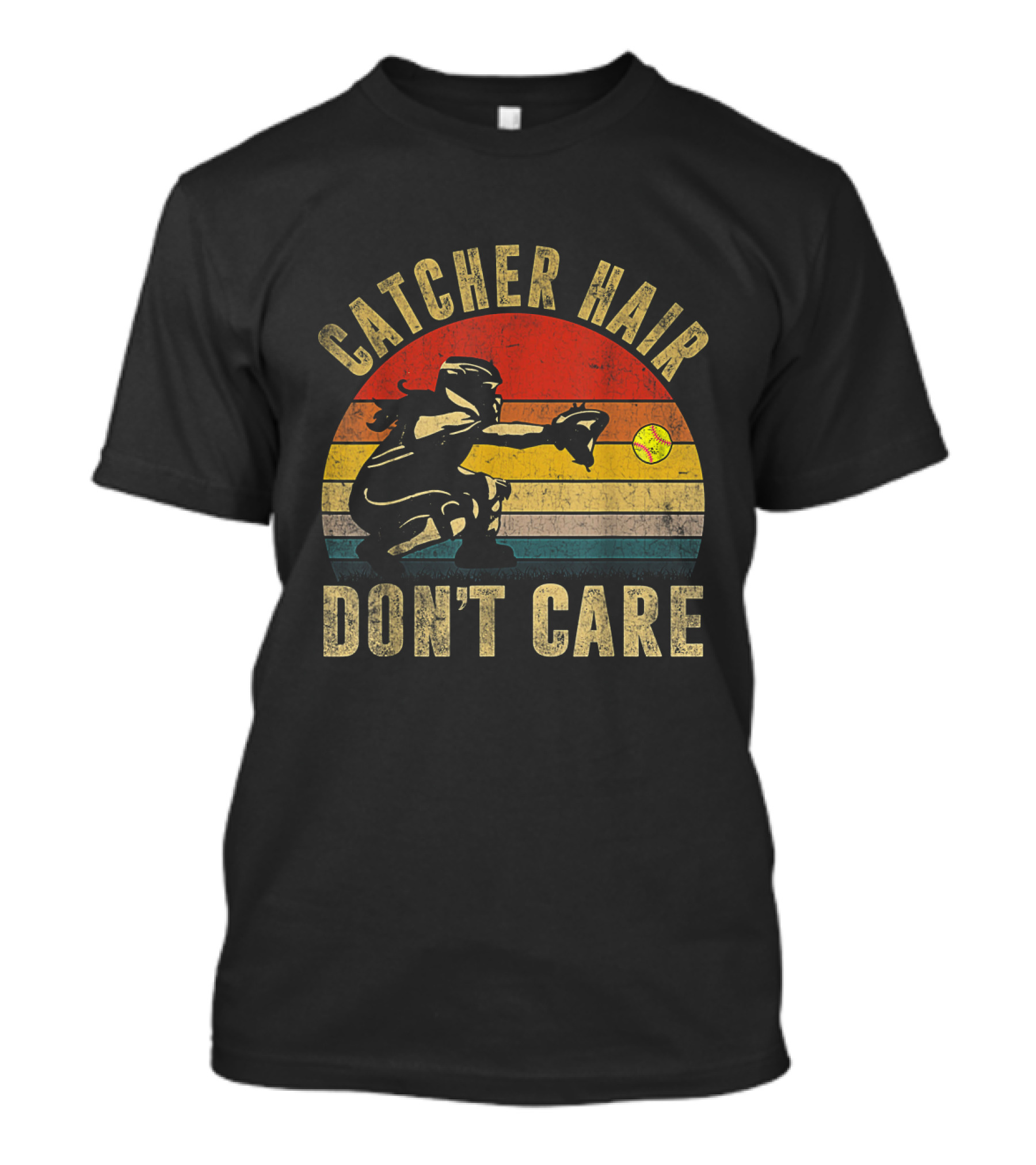 Catcher Hair Don't Care Retro Softball Catcher Girls T-Shirt