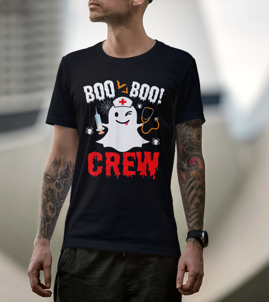 Boo Boo Crew Nurse Ghost Halloween Spiders Bats Stethoscope T-Shirt