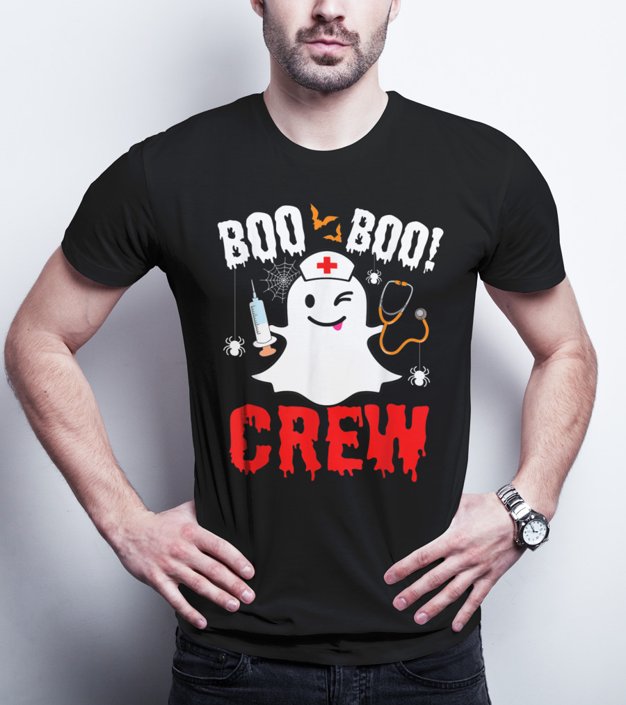 Boo Boo Crew Nurse Ghost Halloween Spiders Bats Stethoscope T-Shirt