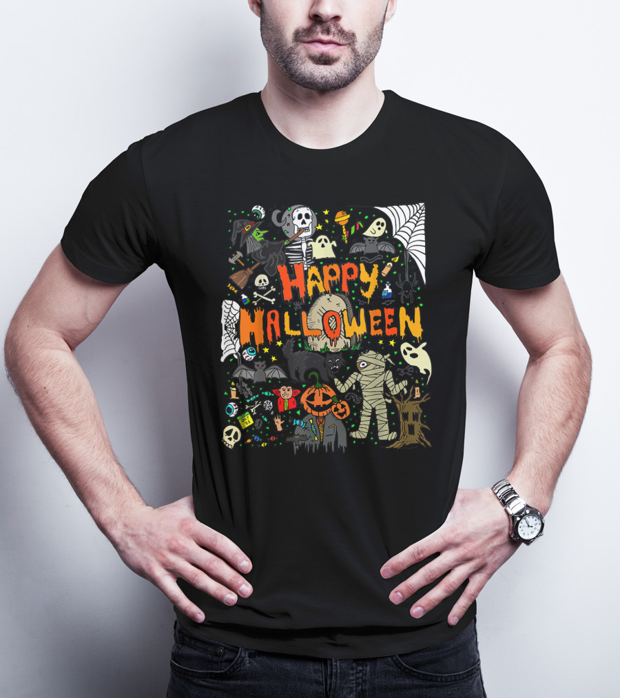 Happy Halloween Scary Mummy Ghost Witch Pumpkin Bat Skull Spiderweb T-Shirt
