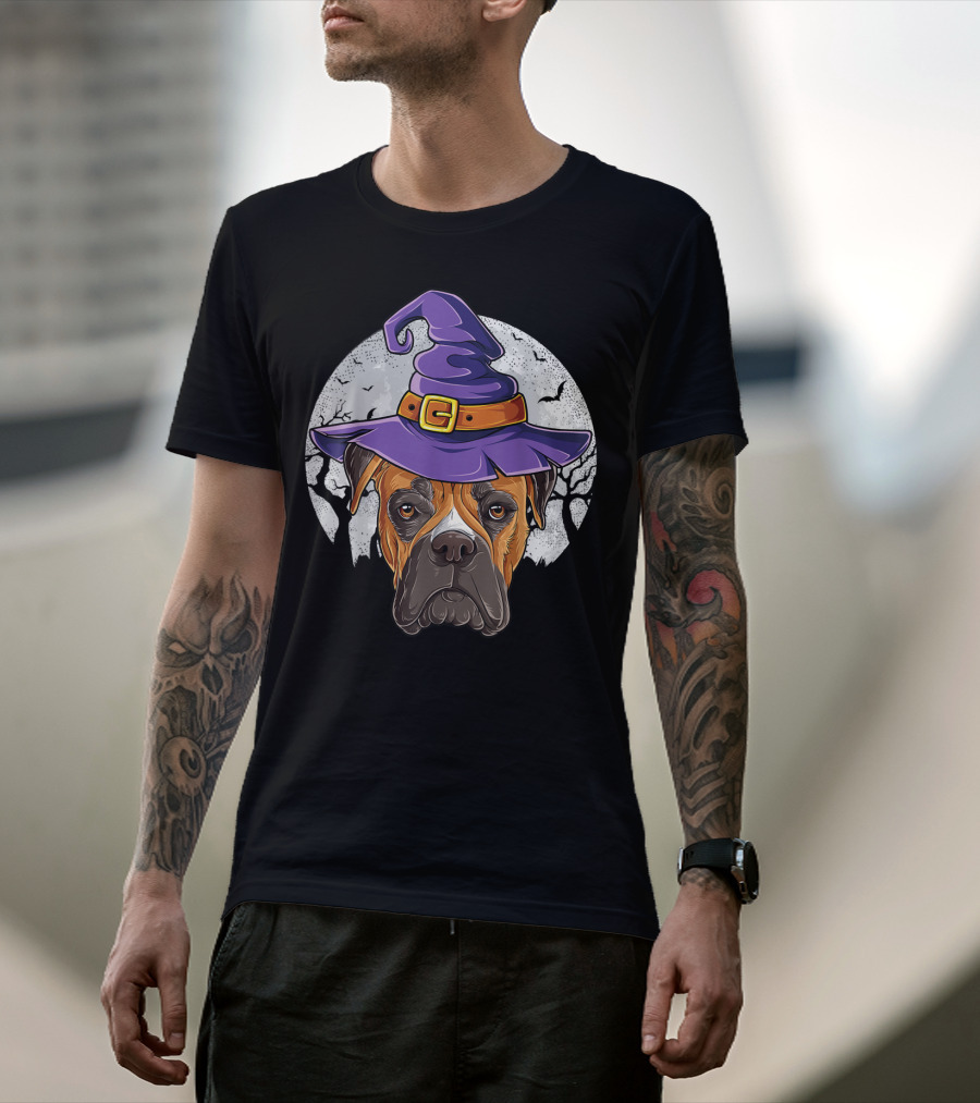Boxer Dog In Purple Witch Hat With Moon And Bats Halloween T-Shirt