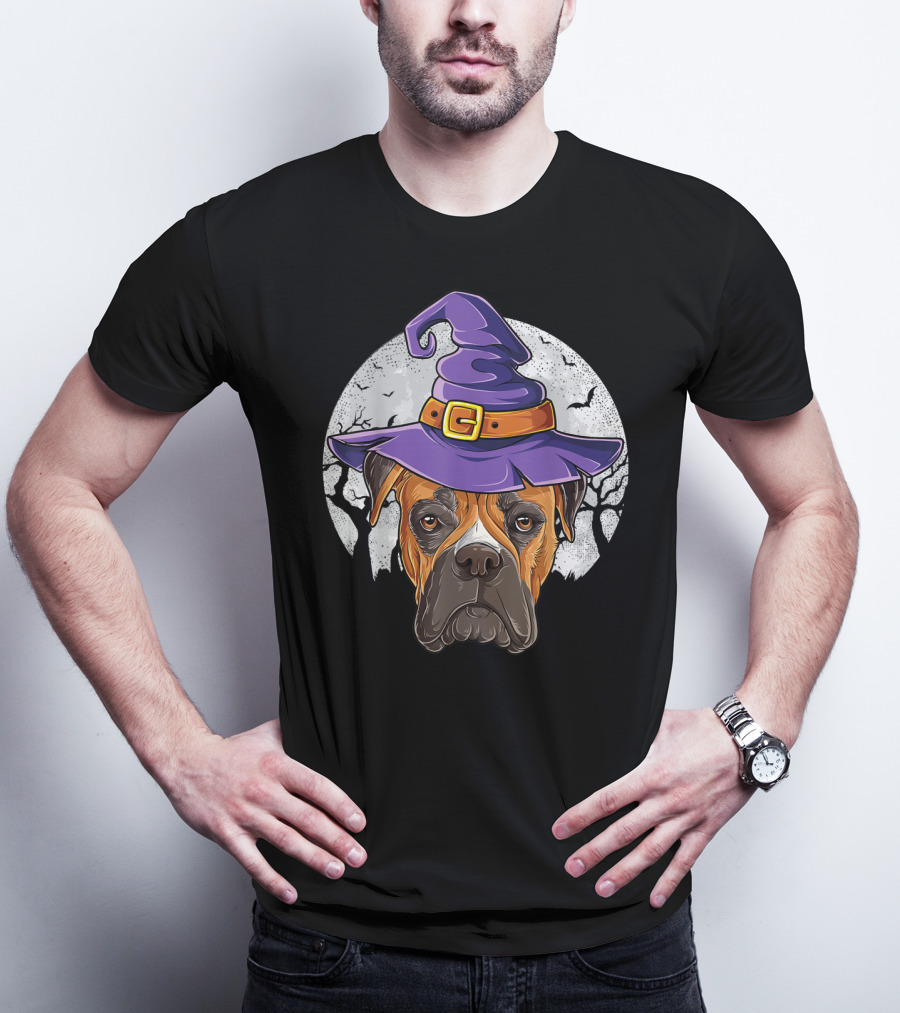 Boxer Dog In Purple Witch Hat With Moon And Bats Halloween T-Shirt