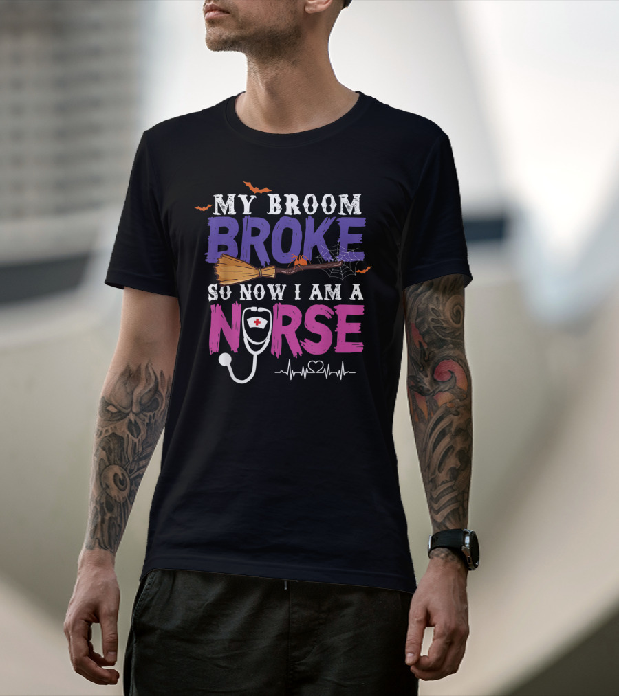 My Broom Broke So Now I Am A Nurse Halloween Spider Web Stethoscope T-Shirt