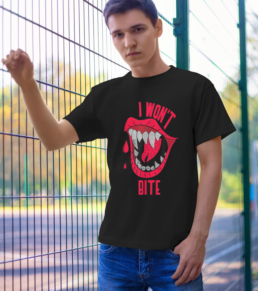 I Won't Bite Halloween Red Lips With Fangs And Blood Drops Scary Appeal T-Shirt