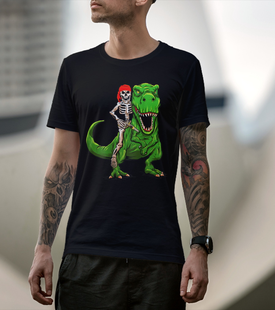 Pirate Skeleton Riding Rex Dinosaur With Red Bandana T-Shirt