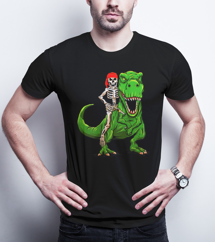 Pirate Skeleton Riding Rex Dinosaur With Red Bandana T-Shirt