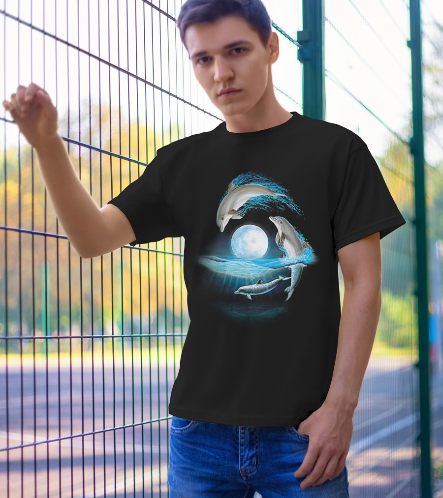 Full Moon Dolphin Leap Ocean Waves T-Shirt