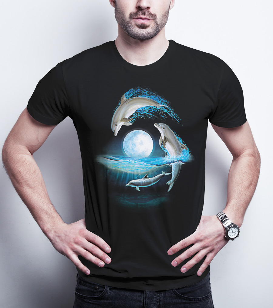 Full Moon Dolphin Leap Ocean Waves T-Shirt