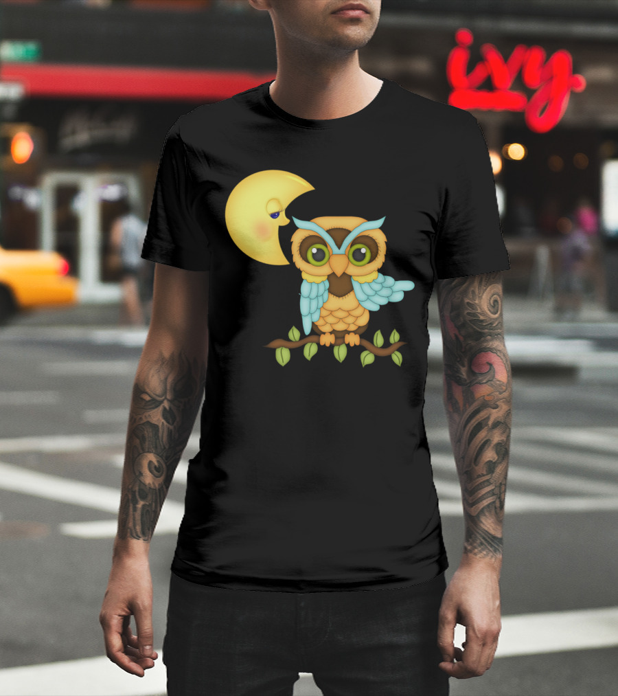 Owl Sitting On Branch With Smiling Crescent Moon T-Shirt