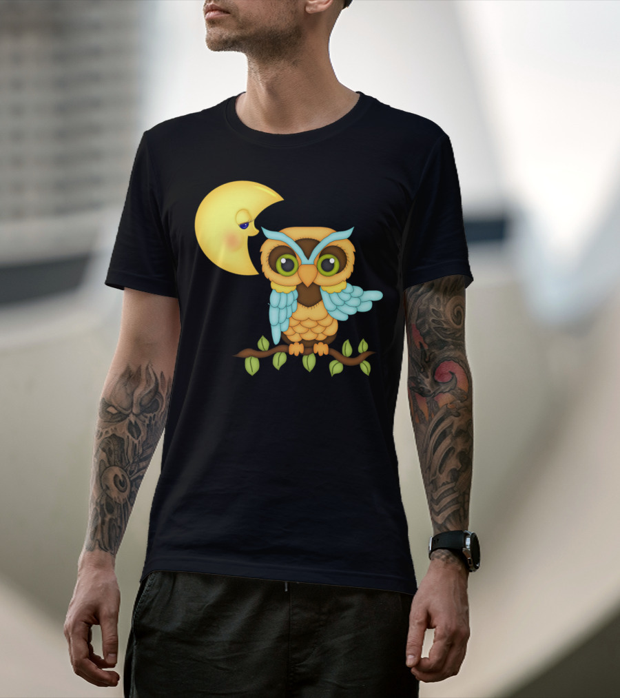 Owl Sitting On Branch With Smiling Crescent Moon T-Shirt