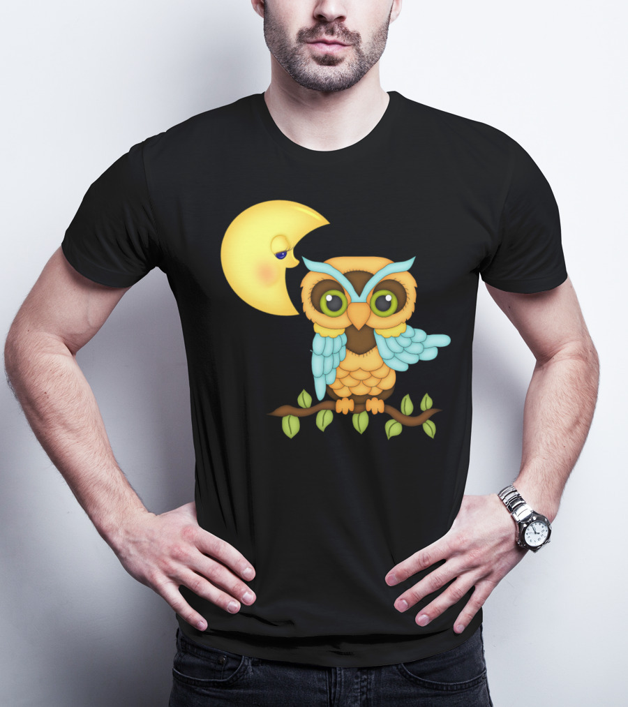 Owl Sitting On Branch With Smiling Crescent Moon T-Shirt