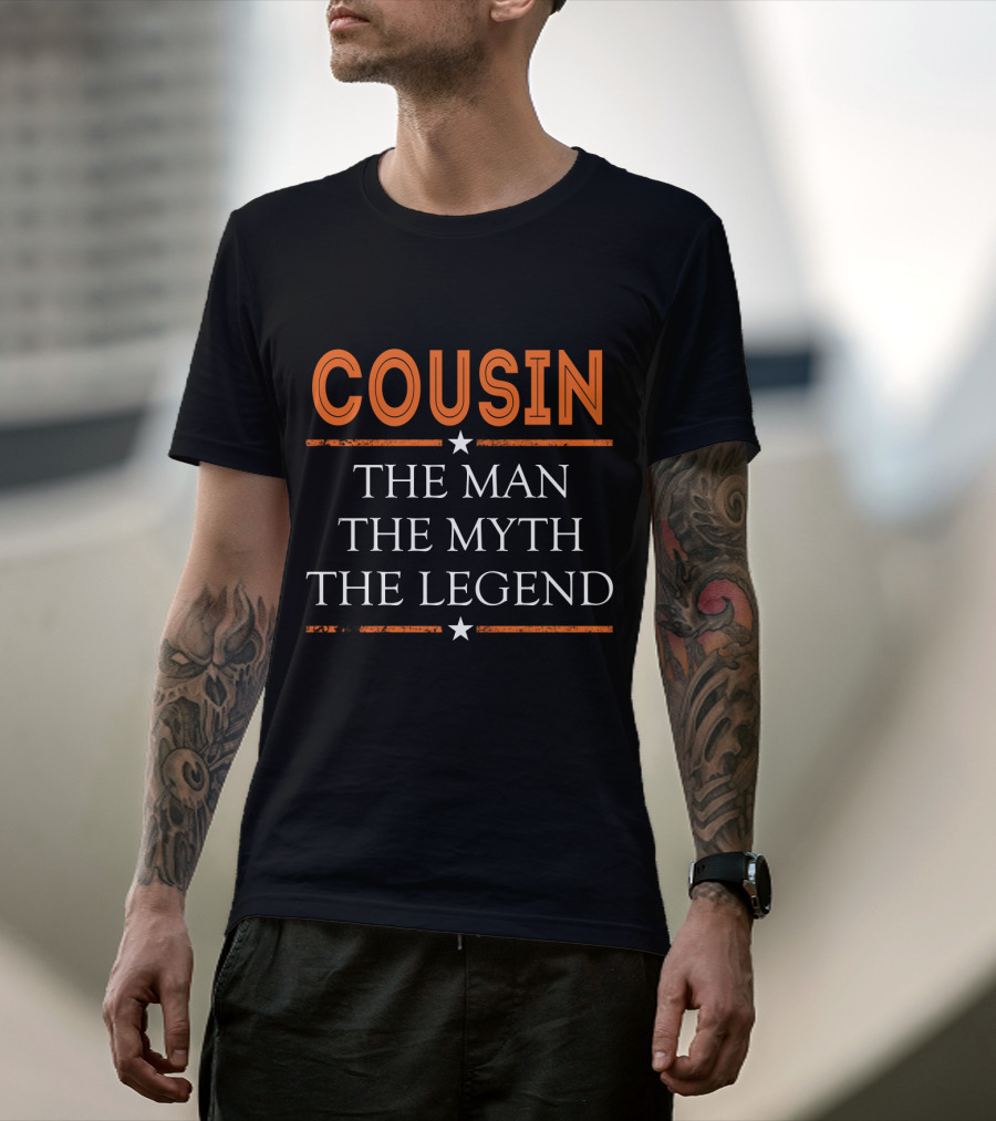 COUSIN THE MAN THE MYTH THE LEGEND Bold Orange White Star Accents T-Shirt