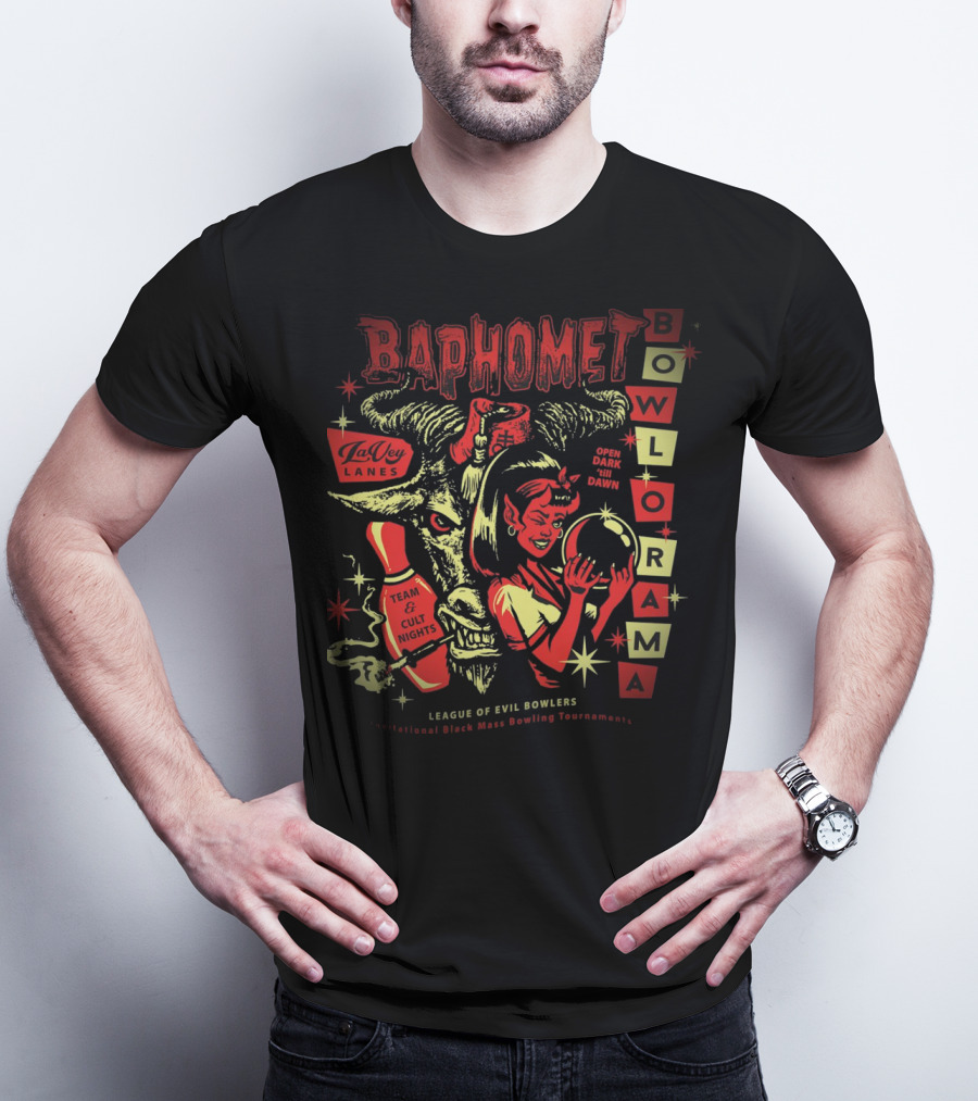 Baphomet Bowlorama LaVey Lanes Team Cult Nights Evil Bowlers All-Night Black Mass Tournament T-Shirt