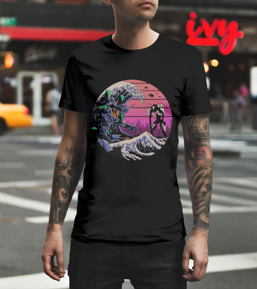 Neon Genesis Evangelion Retro Wave Style Giant Mecha Ocean Scene T-Shirt