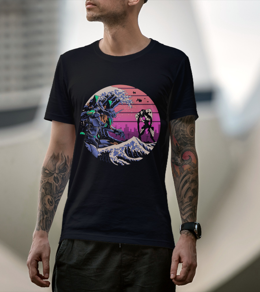 Neon Genesis Evangelion Retro Wave Style Giant Mecha Ocean Scene T-Shirt