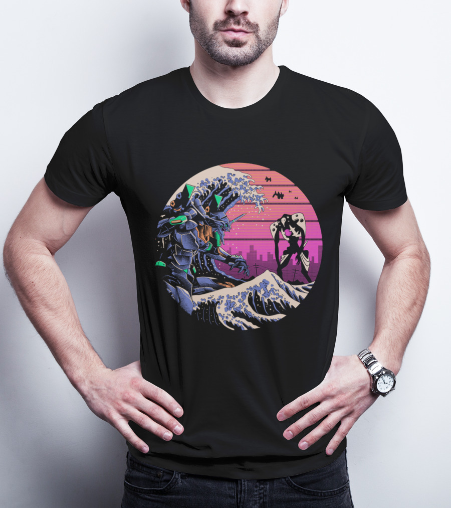 Neon Genesis Evangelion Retro Wave Style Giant Mecha Ocean Scene T-Shirt