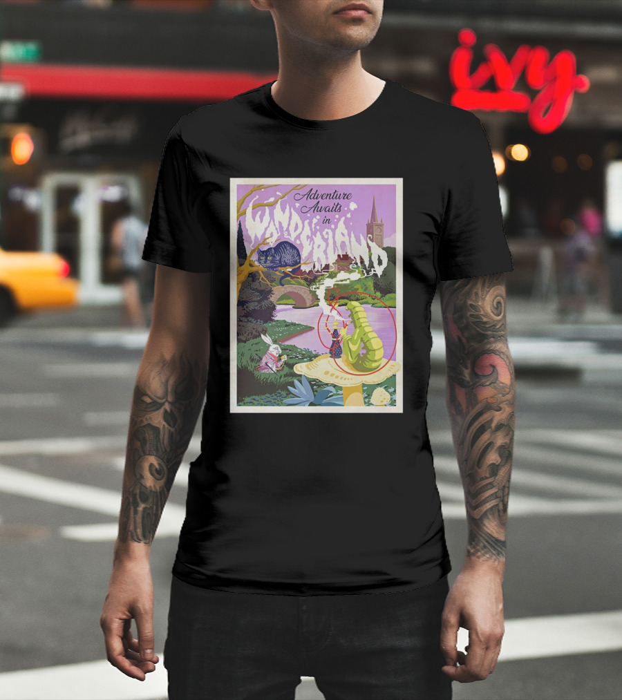 Adventure Awaits In Wonderland Cheshire Cat And Caterpillar Scene T-Shirt