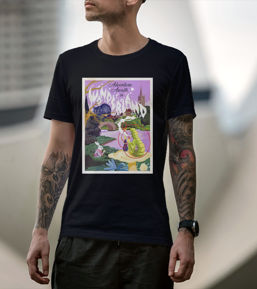 Adventure Awaits In Wonderland Cheshire Cat And Caterpillar Scene T-Shirt