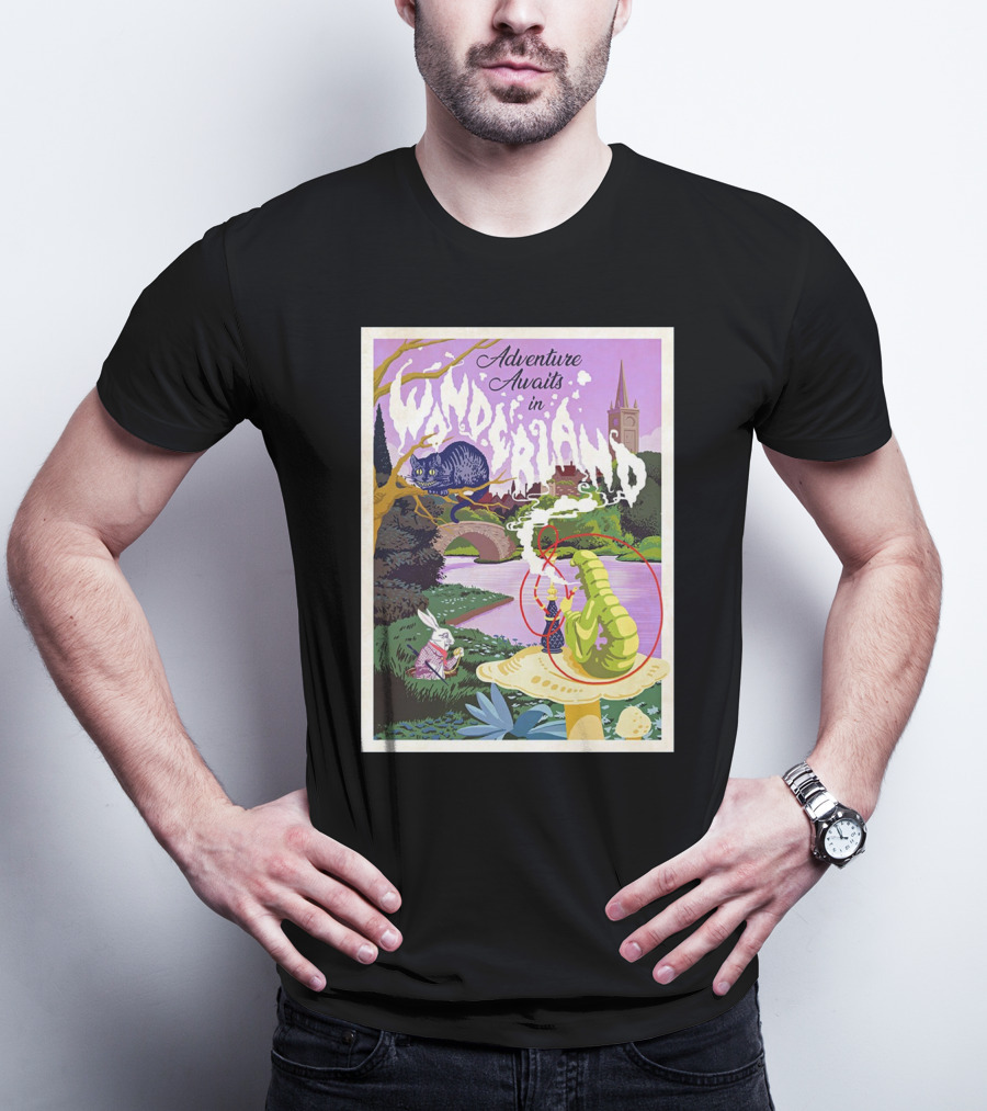 Adventure Awaits In Wonderland Cheshire Cat And Caterpillar Scene T-Shirt