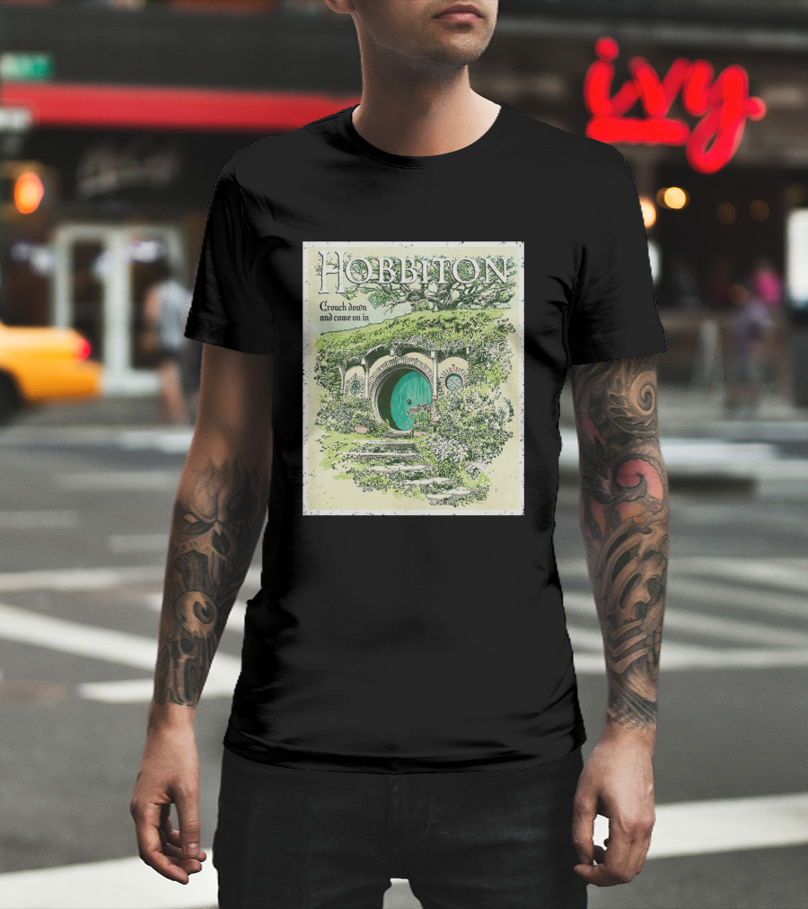 Hobbiton Crouch Down And Come On In With Illustrated Green Door And Garden Path T-Shirt