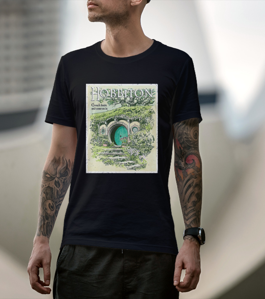 Hobbiton Crouch Down And Come On In With Illustrated Green Door And Garden Path T-Shirt
