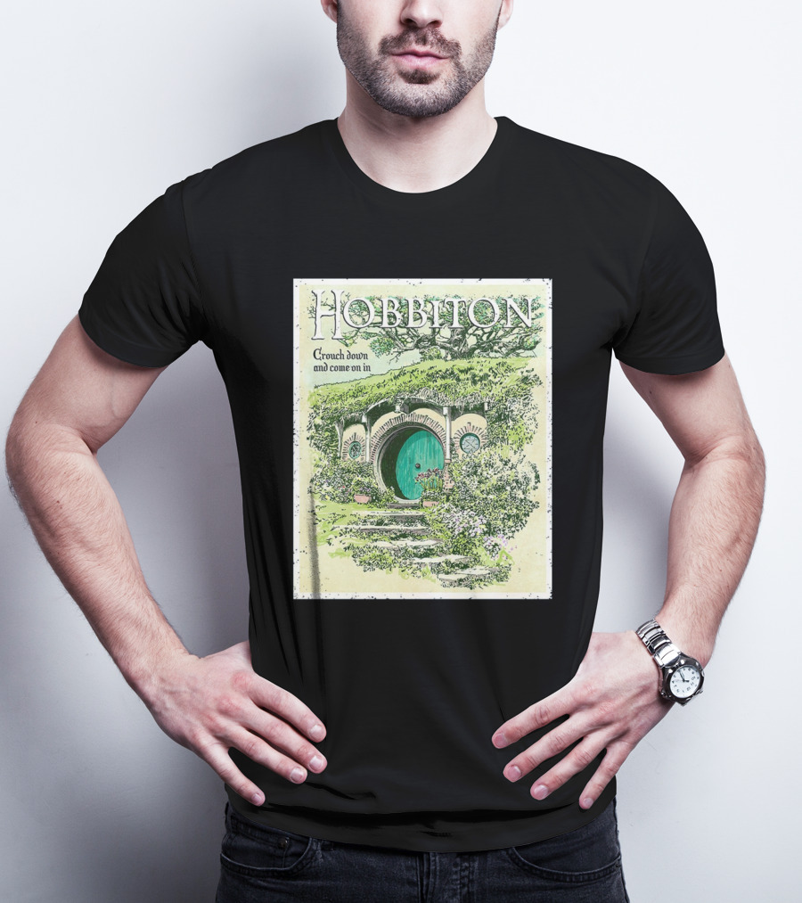 Hobbiton Crouch Down And Come On In With Illustrated Green Door And Garden Path T-Shirt