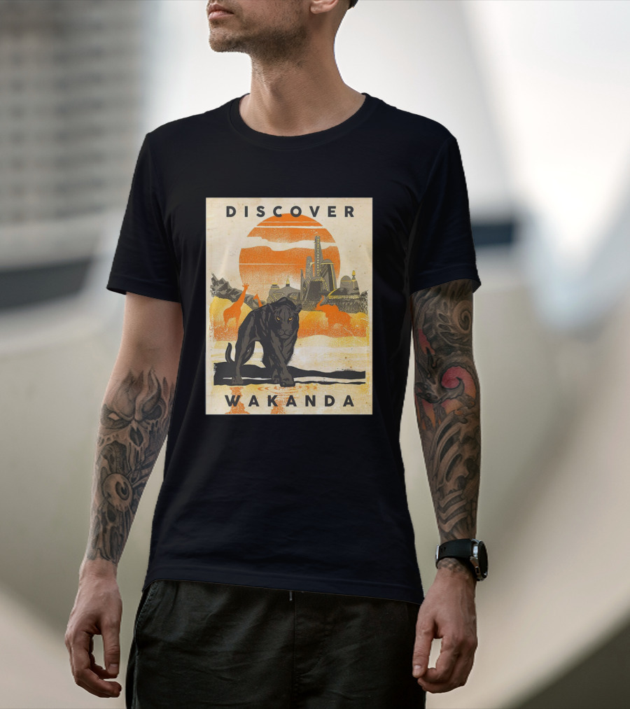 Discover Wakanda Panther And Futuristic Cityscape With Sunset T-Shirt