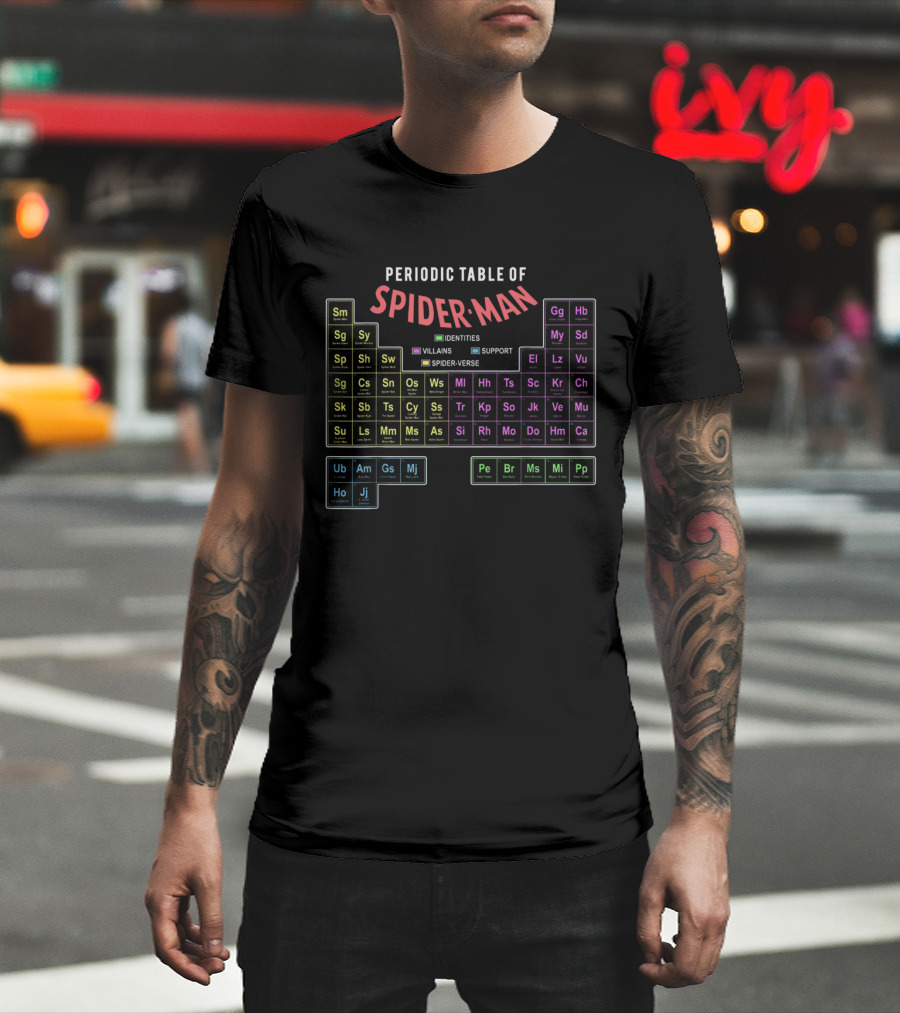 Periodic Table Of Spider-Man Identities Villains Support Spider-Verse T-Shirt