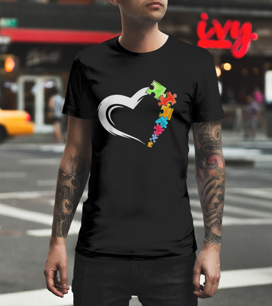 Autism Awareness Heart And Colorful Puzzle Pieces Love Kind T-Shirt