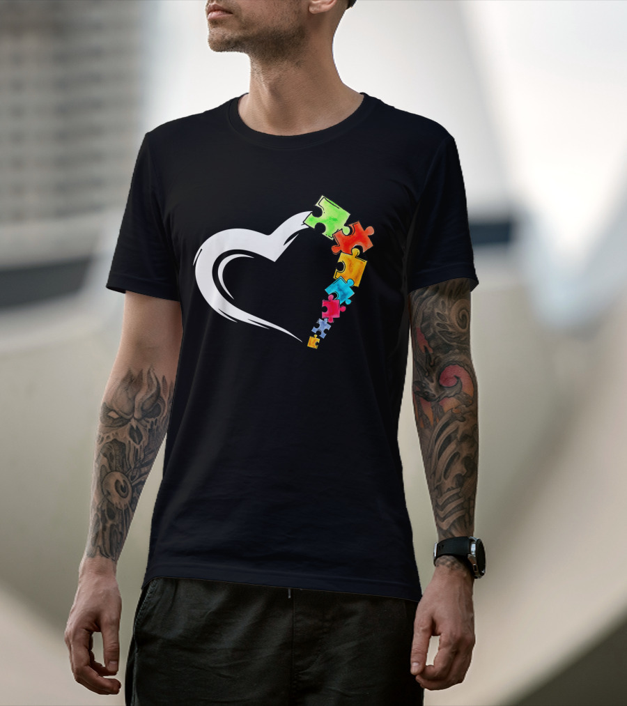 Autism Awareness Heart And Colorful Puzzle Pieces Love Kind T-Shirt