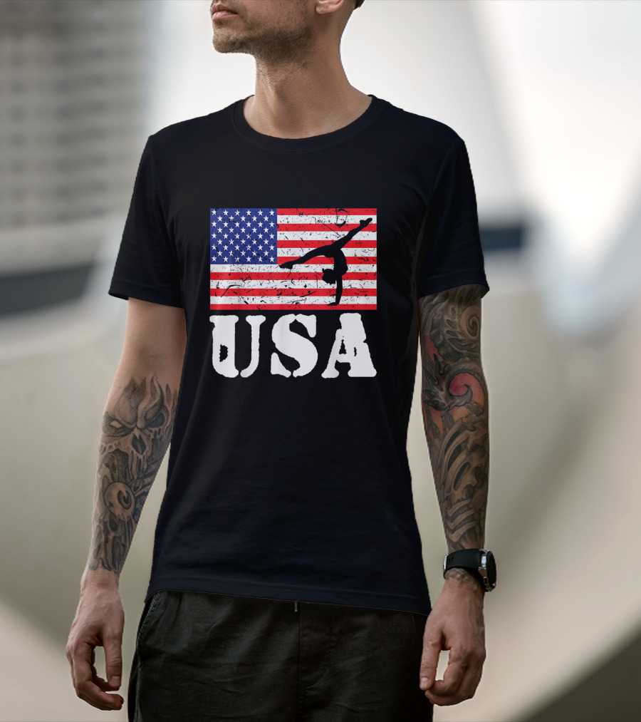 Distressed USA Flag Gymnastics Vintage Tumbling American Flag T-Shirt