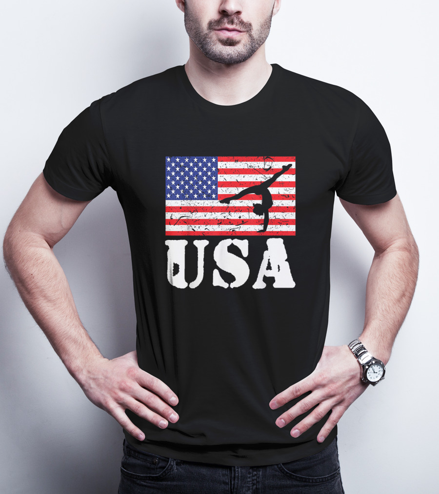 Distressed USA Flag Gymnastics Vintage Tumbling American Flag T-Shirt