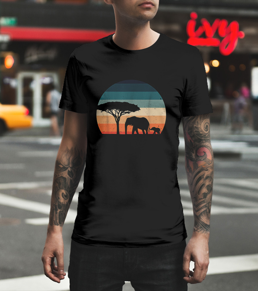 Elephant And Acacia Tree Silhouette Against Striped Vintage Sunset T-Shirt