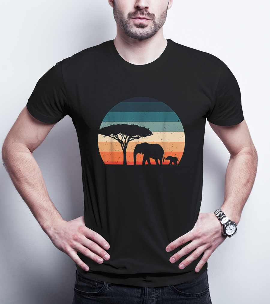 Elephant And Acacia Tree Silhouette Against Striped Vintage Sunset T-Shirt
