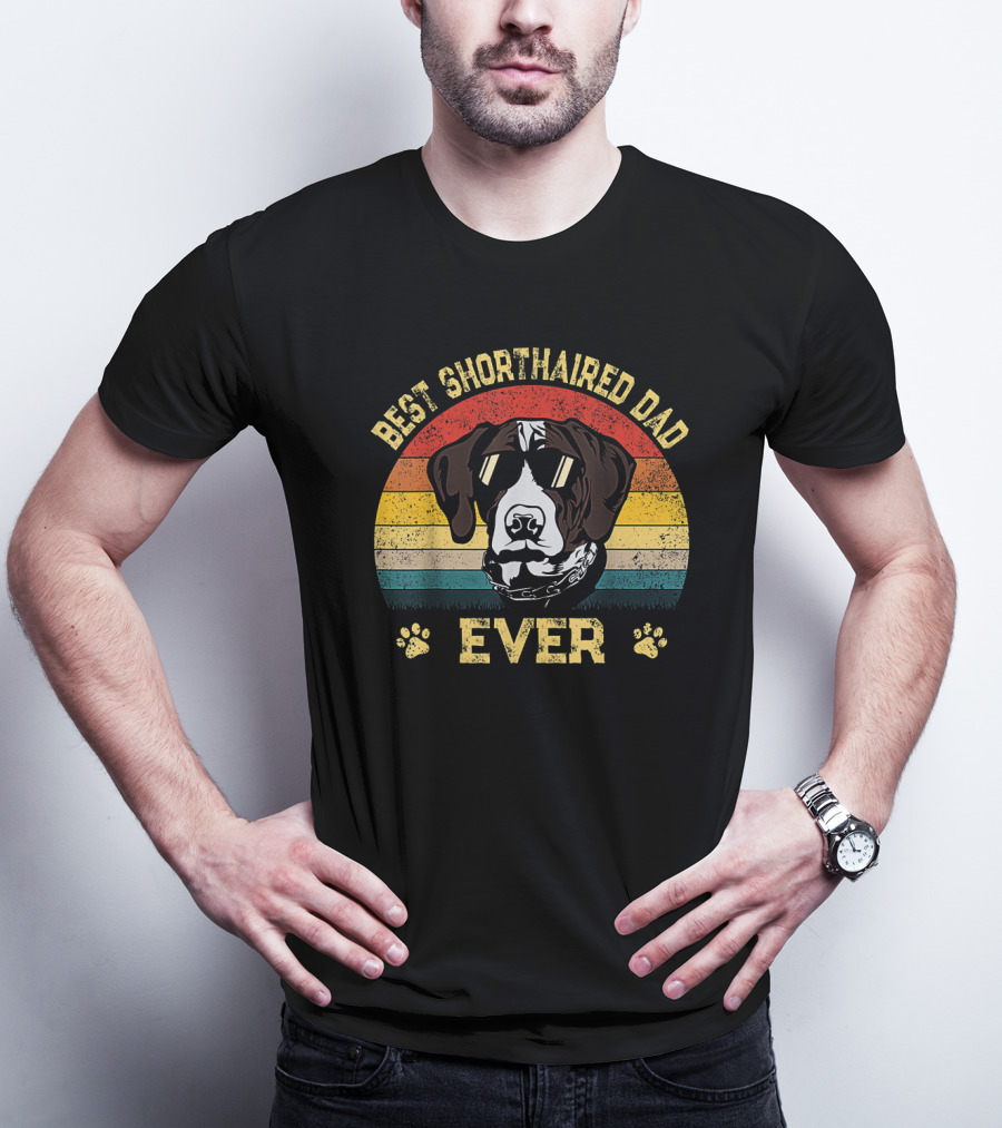 Best Shorthaired Dad Ever Retro Dog With Sunglasses And Paw Prints T-Shirt