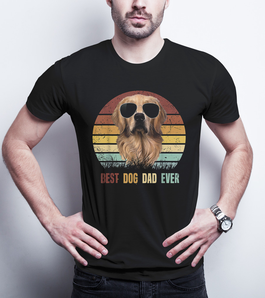Golden Retriever With Sunglasses Best Dog Dad Ever Vintage Stripes T-Shirt